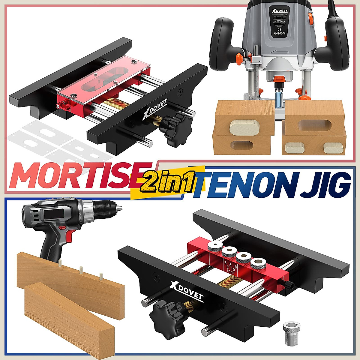 XDOVET 2 In 1 Mortise Tenon Jig Pocket Hole Jig Woodworking Self Center Dowel Jig Hole Locator For Loose Tenon Woodworking DIY Tools