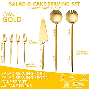 KiiZYs Matte Gold Serving Spoons and Forks Set of 7, Serving Utensils Set 11 inch, Cake Cutter, Salad Server, Pie Server Stainless Steel Flatware Tongs Tosser Kitchen Silverware Gift Box