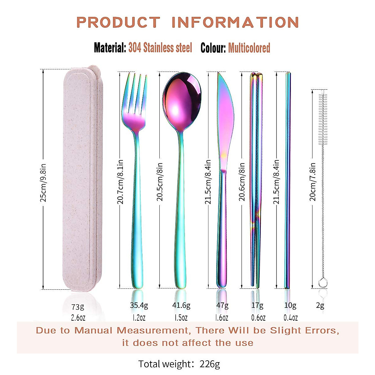 AARAINBOW 6 Pieces 18/8 Stainless Steel Flatware Set Portable Reusable Cutlery Set Travel Utensils Set Including Chopsticks Knife Fork Spoon Straws Cleaning Brush Dishwasher Safe (Multicolored)