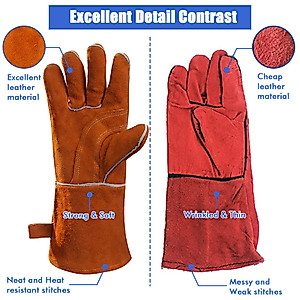 QeeLink Welding Gloves - Heat & Wear Resistant Lined Leather and Fireproof Stitching - For Welders/Fireplace/BBQ/Gardening (14-inch, Brown)