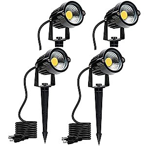 Warm White Spot Lights, LED Landscape Lighting Lights, 5W 3000K Outdoor Spot Lights with Spiked Stand IP65 Waterproof Garden Spotlight for Yard House Lawn Flag Decorative Lamp US 3- Plug (4 Lights)