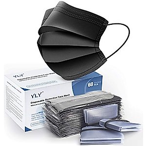 YLY 60pcs Individually Wrapped Masks Packaged Black Disposable Face Mask 3 Layers Safety Masks With Elastic Ear Loop Comfortable for Blocking Dust Air Pollution Protection,Pack of 60