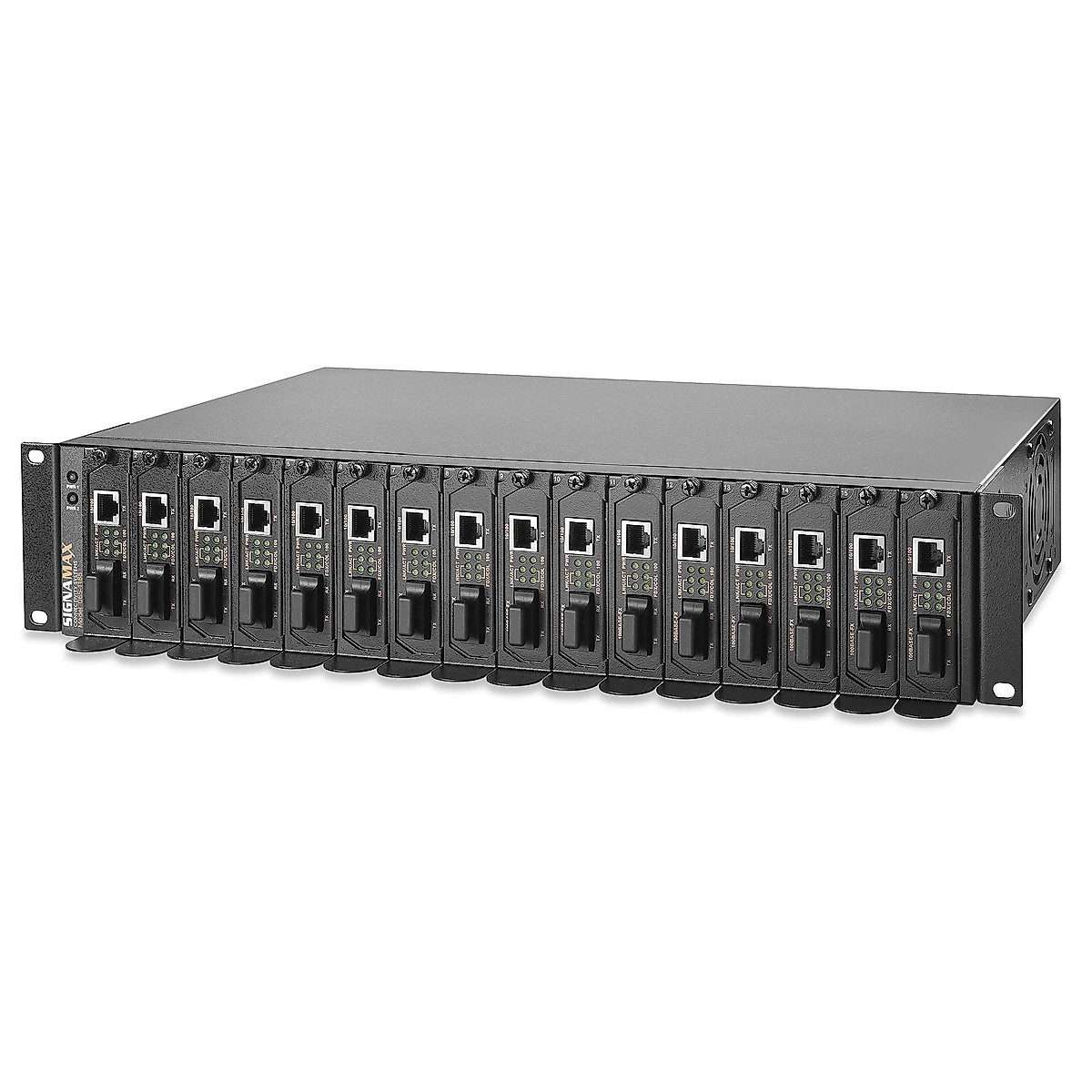 Signamax 065-1185 16 Bay Rack Mount Media Converter Chassis Supports 16 converters in 2U of Rack Space Dual redundant Load-Sharing Power Supplies Media Converter Chassis only