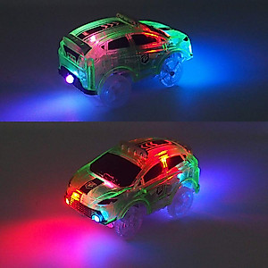 TornadoZ Tracks Cars Replacement Only with 5 LED Flashing Lights Up car, Compatible with Most Tracks, Glow in The Dark, Racing Car Track Accessories, Gift, Kid Boy Girl (4 Pack)