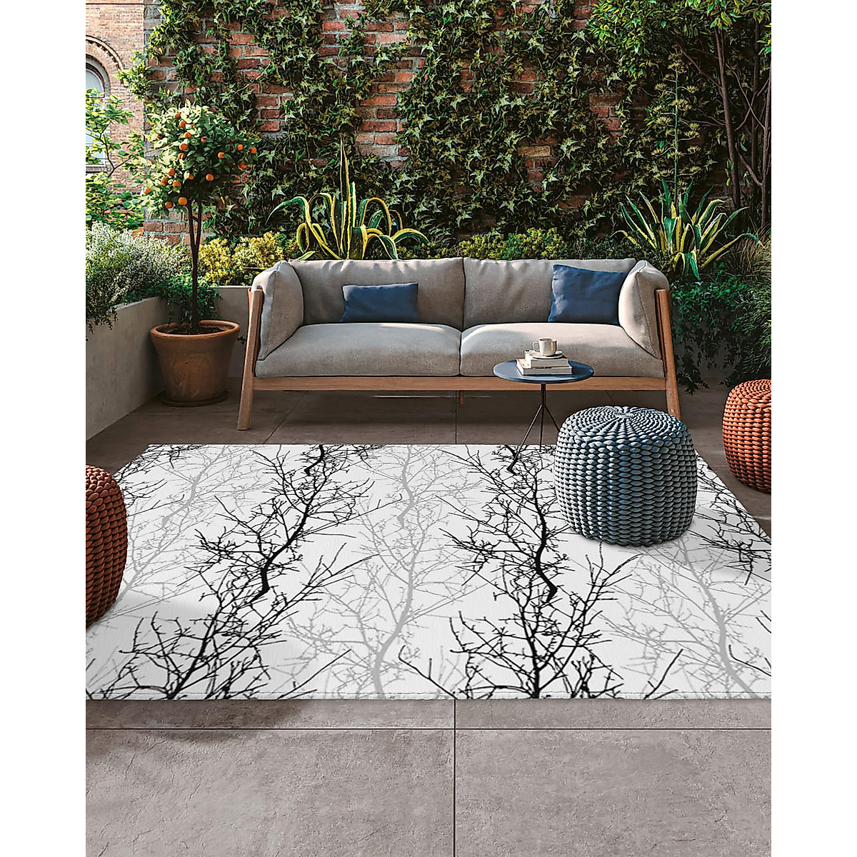 Tree Forest Outdoor Rugs for 5'x8' Patios Clearance, RV Camping Mat Rug Portable Outside Rug Indoor Outdoor Area Rug Mat for Beach Deck Pool Abstract Winter Branch Nature Black Grey