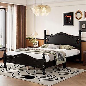 Lifeand Full Size Wood Platform Bed Frame,Retro Style Platform Bed with Wooden Slat Support,Black