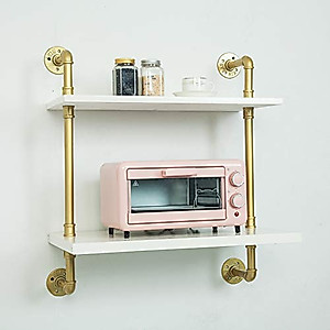 Gold,Industrial Retro Wall Mount Iron Pipe shelves,Microwave Oven Rack- Wall mounted Microwave Oven Shelf Stand,Storage Organizer For Kitchen,Oven,Toaster,Utensils,Spice,Mitts and more