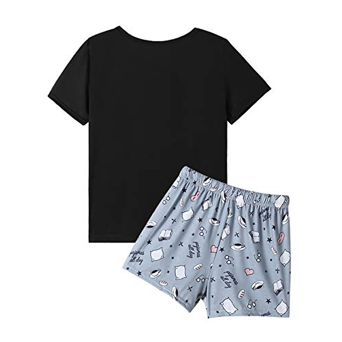 VENTELAN Pajama Set For Women Cute PJS Summer Short Sleeve Shorts Sleepwear M Grey