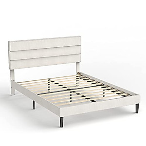 BONSOIR Bed Frame Modern Horizontal Panel Upholstered Low Profile Platform with Tufted Headboard/No Box Spring Needed/No Bed Skirt Needed/Linen Fabric Upholstery/Beige (Queen Size)