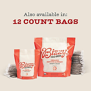 Bizzy Organic Cold Brew Coffee | Smooth & Sweet Blend | Coarse Ground Coffee | Medium Roast | Micro Sifted | Specialty Grade | 100% Arabica | Brew Bags | 4 Count | Makes 14 Cups