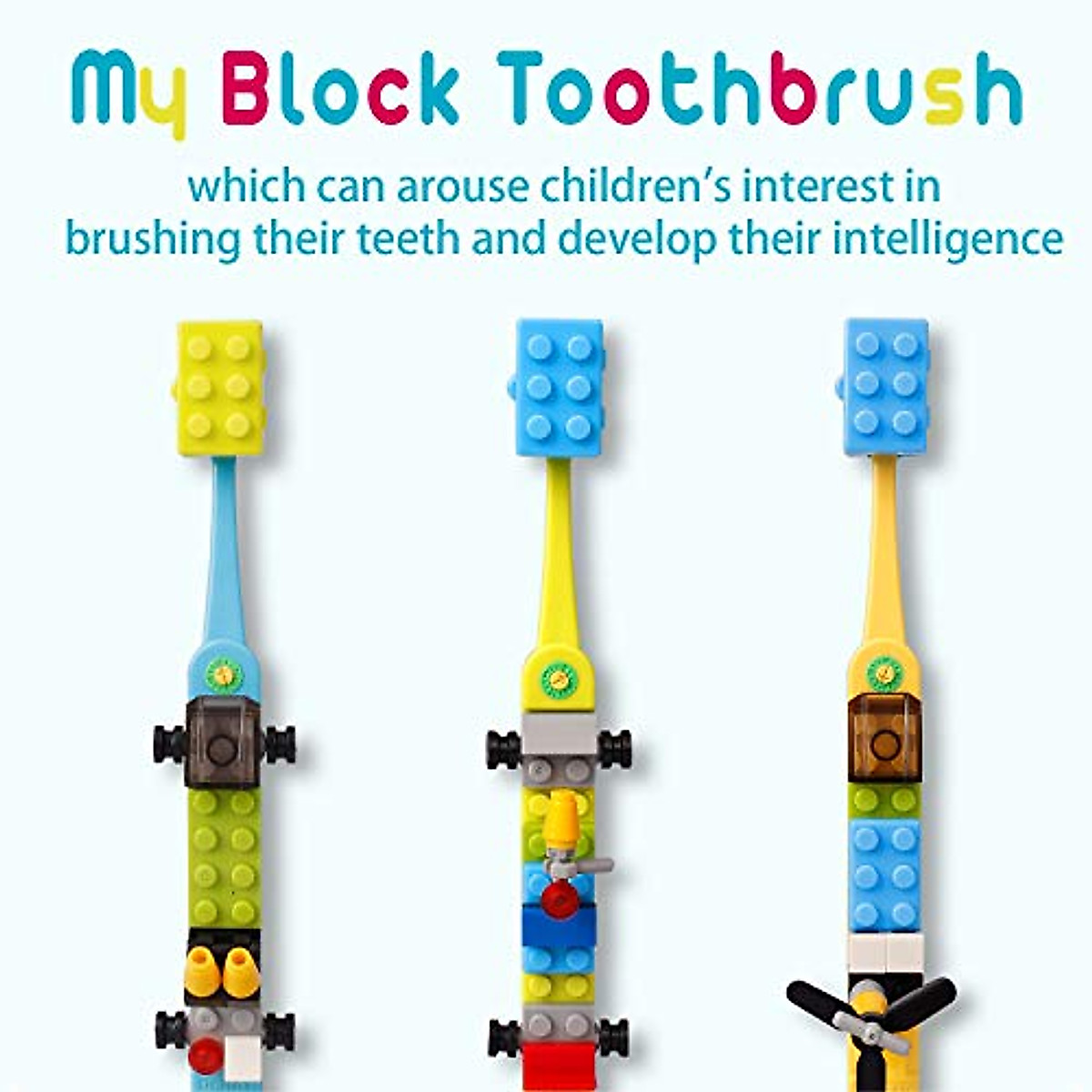 Dr.RAY Kids Toothbrush with Building Blocks and Toothbrush Covers, Extra Soft, Ages 6+ (Pack of 1, Blue)