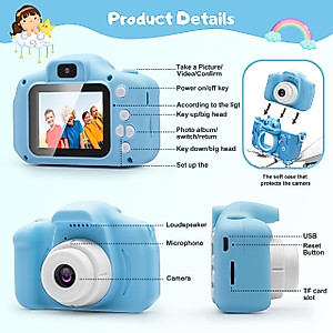 iMisH Upgrade 48M Kids Camera for Girls Boys Age 3-9, 1000mAh Large Battery with 1080p Video Camera for Kids - Shockproof Silicon Case and 32GB TF Card, Toddler Camera for Selfie (Blue)