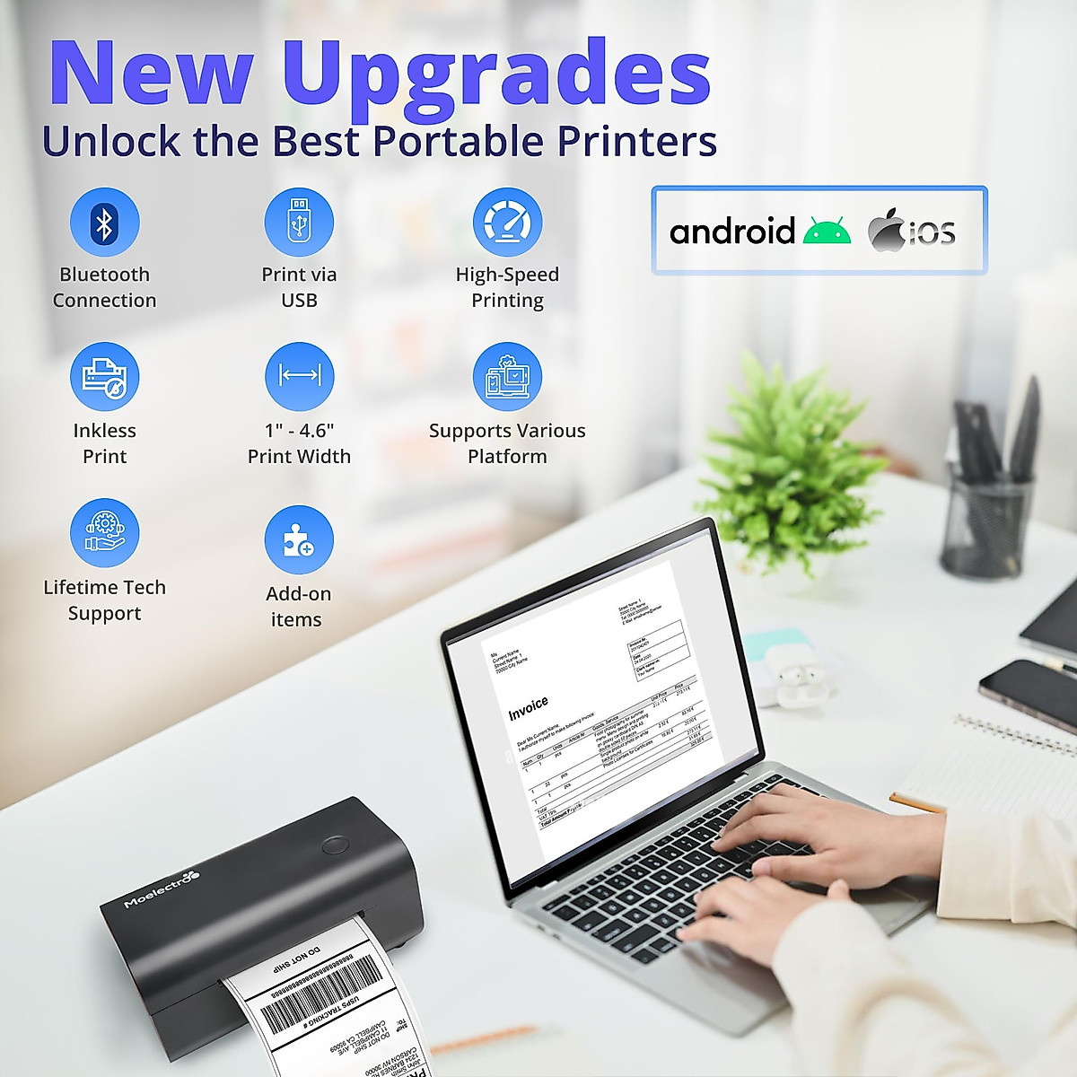 Moelectro Bluetooth Thermal Shipping Label Printer, 2023 New Upgraded 4x6 Wireless Printer, Compatible with Android & iPhone and Windows, Mac OS, Widely Used for Ebay, Shopify, Etsy, USPS