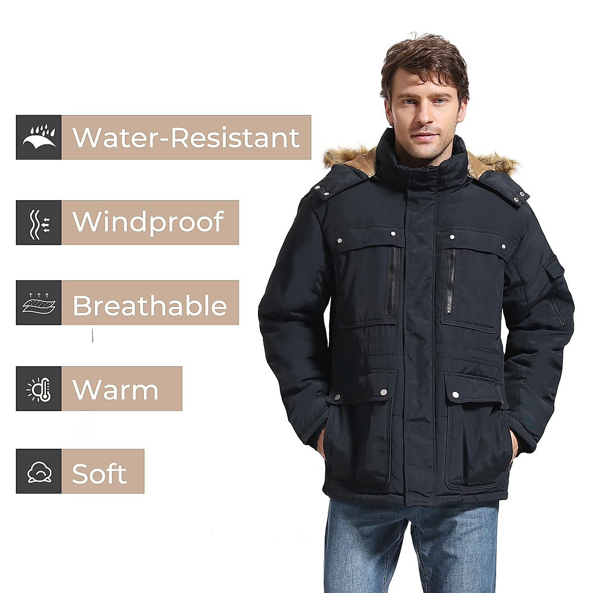 Men Winter Coats, Waterproof Ski Snow Jackets Mountain Hiking Windbreaker Parka Black Medium