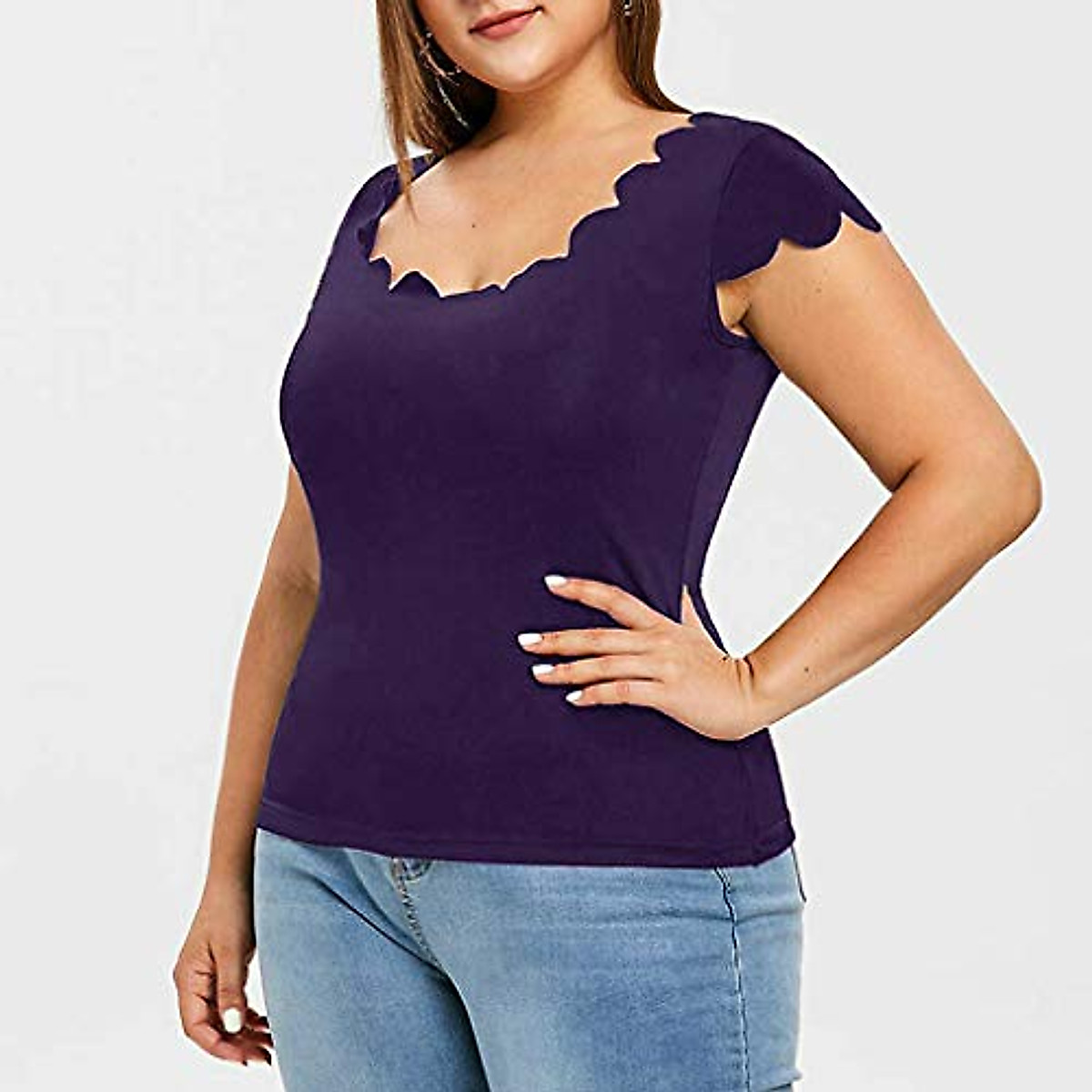 Women's Short Sleeve Shirt,Casual Round-Neck Blouse Flowy Loose Tank Tops Solid Color Tunic Plain Summer Plus Size Tee