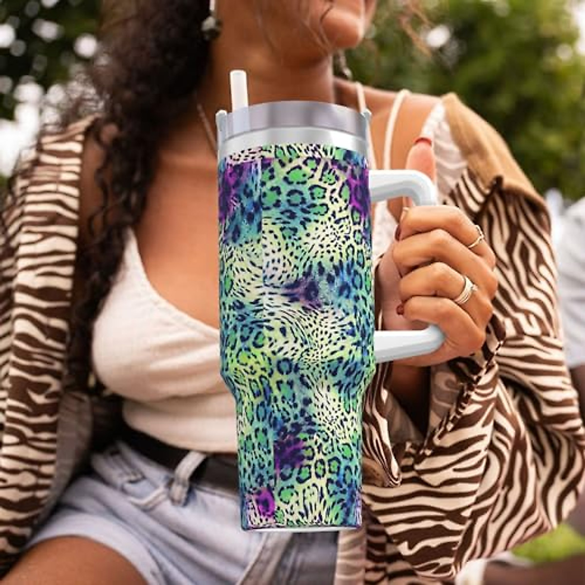 HULIBIN Green Leopard Print Double Deck Stainless Steel Travel Coffee Cup With Lid 40 Oz Ice Bully Cup