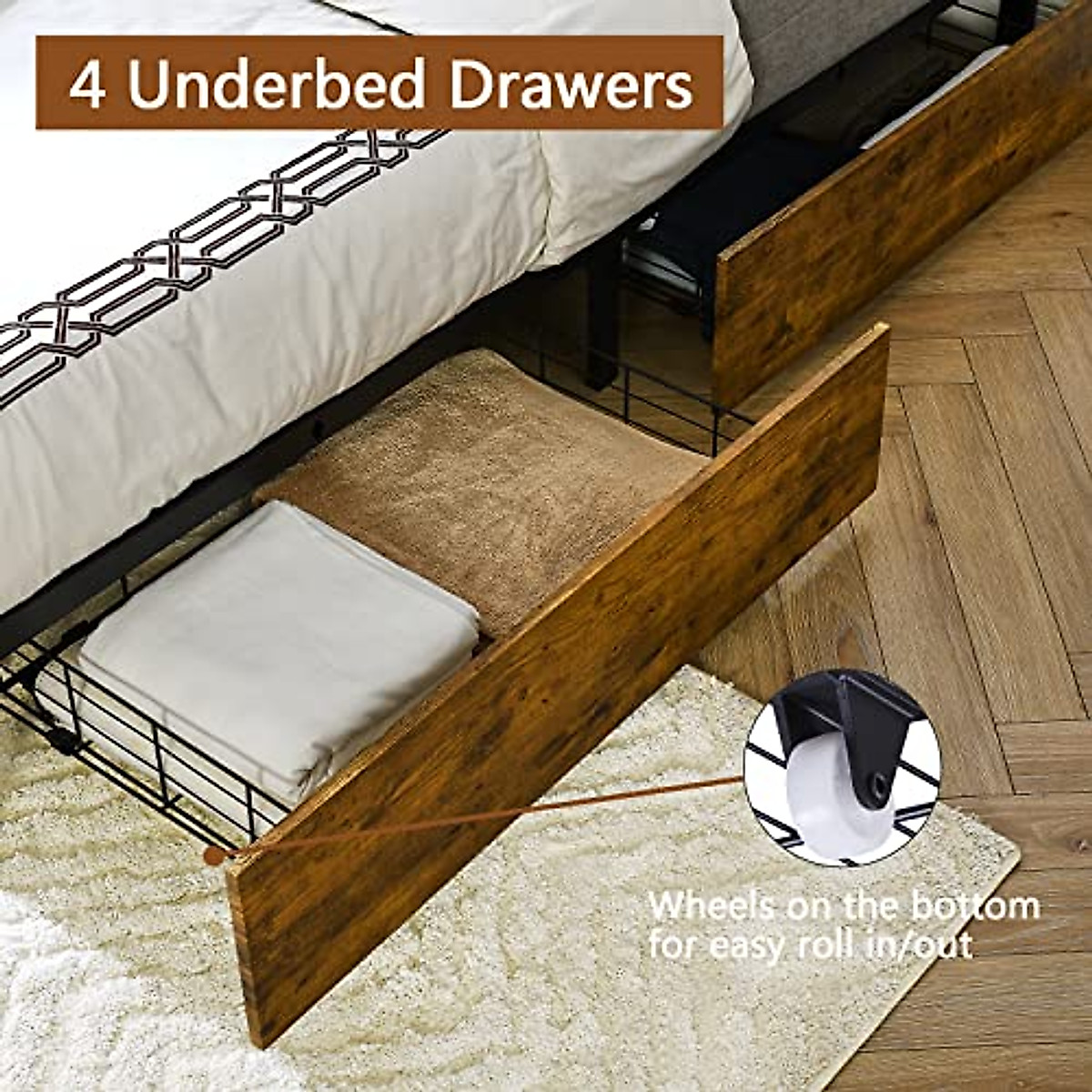 LAGRIMA Queen Size Bed Frame with 4 Drawers, Metal Platform Storage Wooden Headboard & Large Space, Mattress Foundation Slat Support, No Box Spring Needed, Easy Assembly, Rustic Brown, (BT-832)