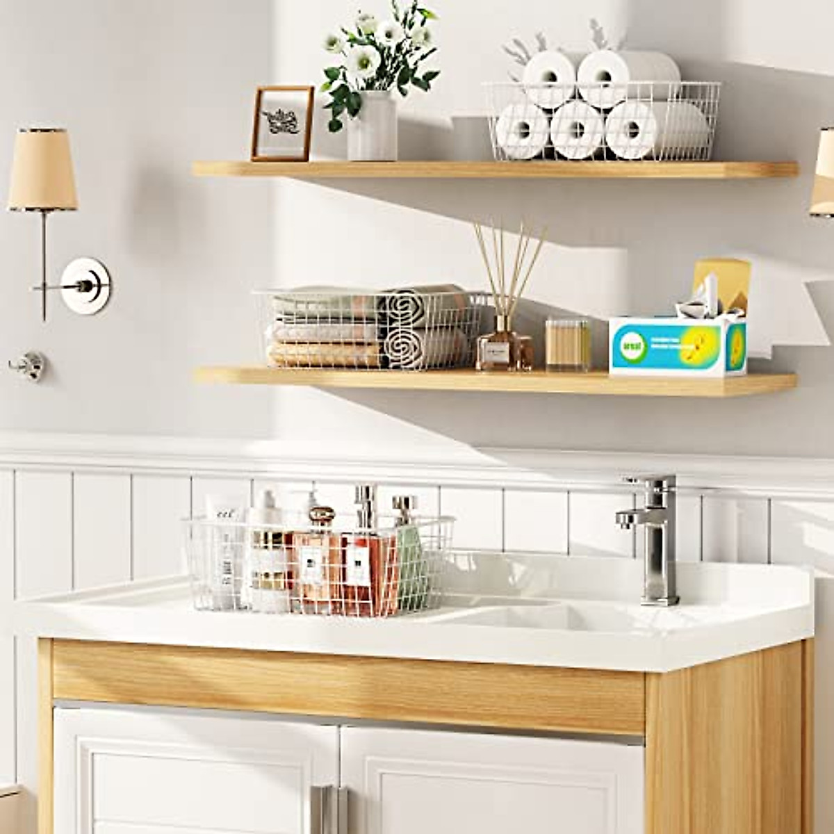 Wire Storage Baskets, iSPECLE 4 Pack Large Metal Wire Baskets Pantry Organization and Storage with Handles, Freezer Organizer Bins for Pantry Kitchen Shelf Laundry Cabinets Garage, White