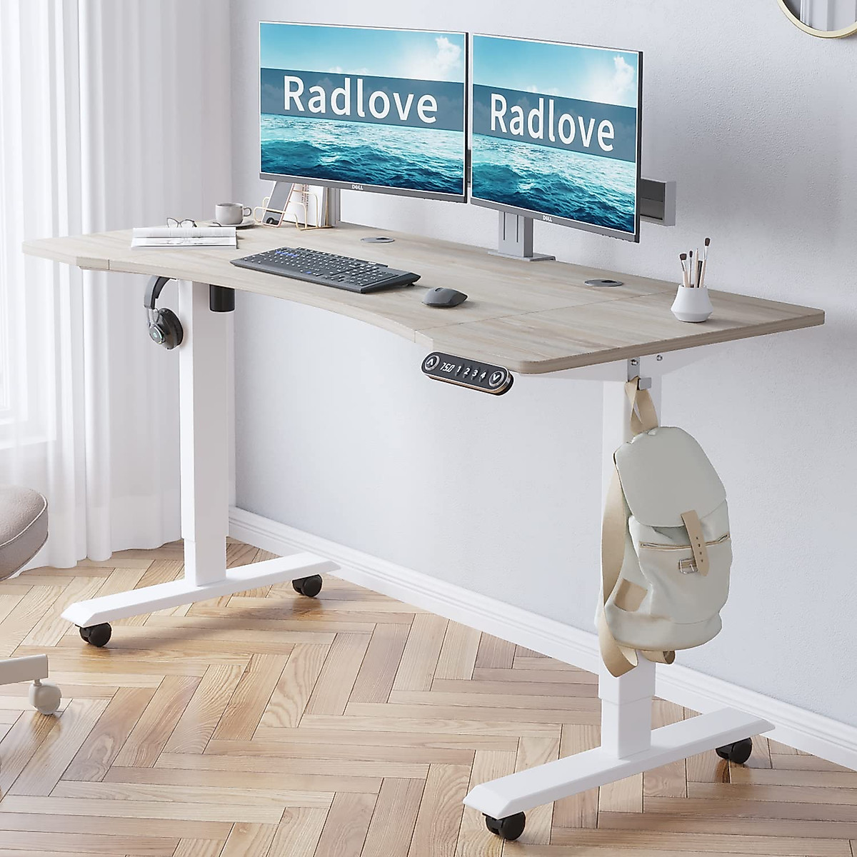 Radlove Electric Standing Desk, 55 x 30 Height Adjustable Computer Desk Sit Stand Desk Home Office Desks with Splice Board and A Under Desk Cable Management Tray (White Frame + Oak Top)