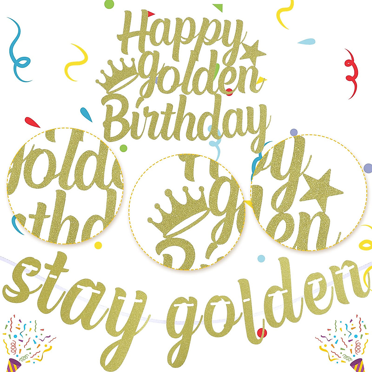 Happy Golden Birthday Cake Topper, Stay Golden Glitter Banner Gold Birthday Decorations Golden Girls Party Supplies Golden Birthday Gifts Hanging Garland for Boys Girls Birthday Baby Shower Party