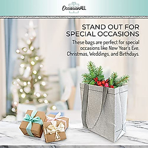 Silver Gift Bags - 12 Pack Small Silver Reusable Gift Bag Tote with Handles, Glitter Metallic Bling Shimmer, Eco Friendly for Kids Birthdays, Bridesmaids, Party Favors, Grocery Shopping - 6x3x8