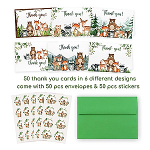 50 Woodland Thank You Cards, 4x6" Forest Animals Thank You Notes with Matching Green Envelopes & Stickers, Greenery Notecards, Woodland Baby Shower Thank You Cards