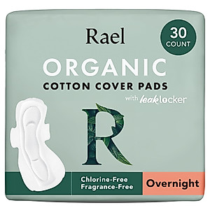 Rael Pads for Women, Organic Cotton Cover - Period Pads with Wings, Feminine Care, Sanitary Napkins, Heavy Absorbency, Unscented, Ultra Thin (Overnight, 30 Count)