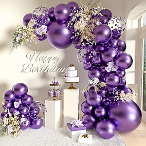 SUWEN Metallic Purple Balloons and Confetti Balloons 18/12/10/5Inch Different Sizes 60PCS Set Shiny Latex Helium Dark Purple Balloon for Birthday Party Graduation Anniversary Decorations
