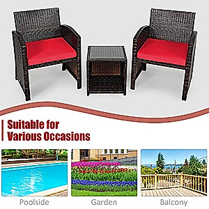 Tangkula 3-Piece Outdoor PE Rattan Furniture Set, Patio Conversation Set w/Chair & Storage Coffee Table, Detachable Cushion, Stable X-Shaped Frame, Perfect for Garden, Backyard, Poolside (Red)