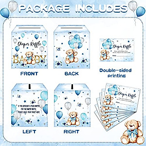 50 Pieces Diaper Raffle Tickets with Baby Shower Games Box Bear Baby Shower Game Insert Card Blue Diaper Raffle Sign Box Holder for Bear Baby Shower Gender Reveal Birthday Party Game Supplies