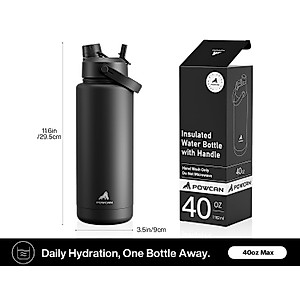 POWCAN 40 oz Insulated Water Bottle with 2-in-1 Straw and Spout Lid, Keep Cold 24H, Leak-Proof, BPA-Free, Double Wall Stainless Steel Water Bottle for Sports, Gym, Travel, and School (Black)