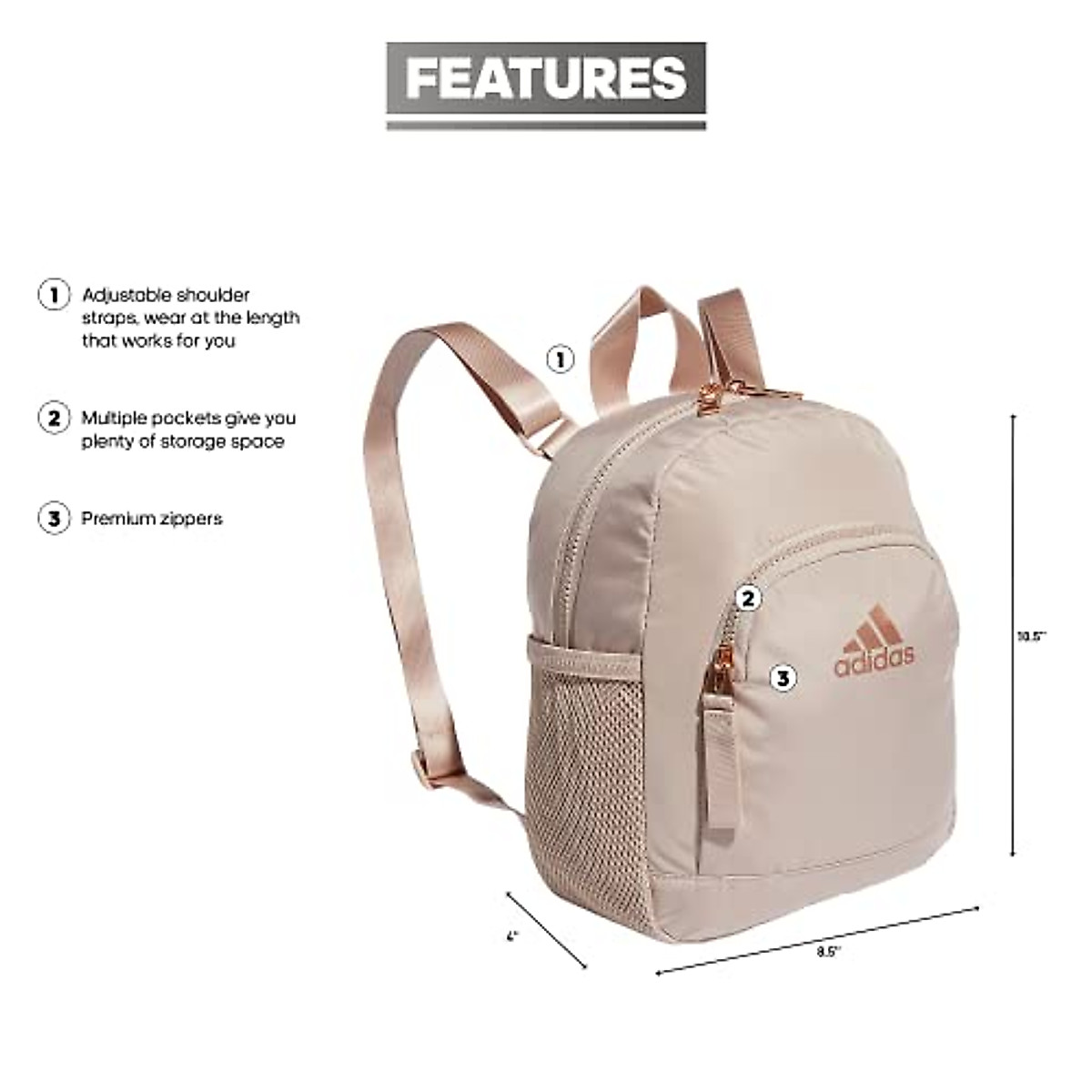 adidas Linear Mini Backpack Small Travel Bag, Wonder Taupe Beige/Rose Gold, One Size