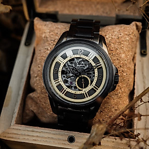 HOLZKERN Navona Men’s Watch, 43mm Gold/Gray Skeleton Dial, Brushed Stainless Steel Strap, Vintage Watch for Men