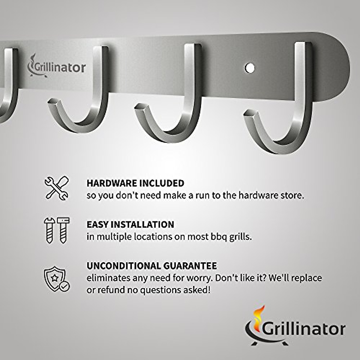 Grillinator BBQ Tool Rack - Polished Stainless Steel 6 Hook Storage for Grilling & Cooking Utensils - Easy to Install - Gas, Charcoal & Electric Grills - Indoor or Outdoor Use