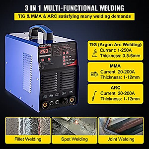 VEVOR TIG Welder AC/DC, 3 in 1 TIG/MMA/ARC Welding Machine with 110/220V Dual Voltage, 250A Aluminum MMA Welder w/Inverter IGBT and Digital Panel, Multiprocess ARC Welder