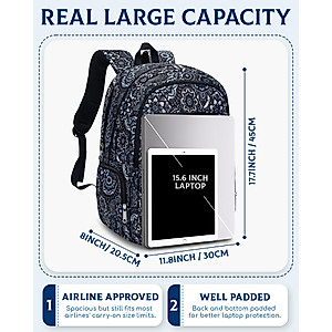 Large Travel Backpack for Women College Campus Bookbag XL Lightweight School Bag Fits 15.6 Inch Laptop Water-resistant Casual Daypack Airline Approved Carry On Backpack Grey Paisley Mochilas De Mujer