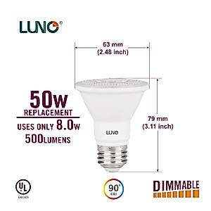 LUNO PAR20 Dimmable LED Bulb, CRI 90+, 8W (50W Equivalent), 500 Lumens, 2700K (Soft White), Medium Base (E26), UL Listed (4-Pack)