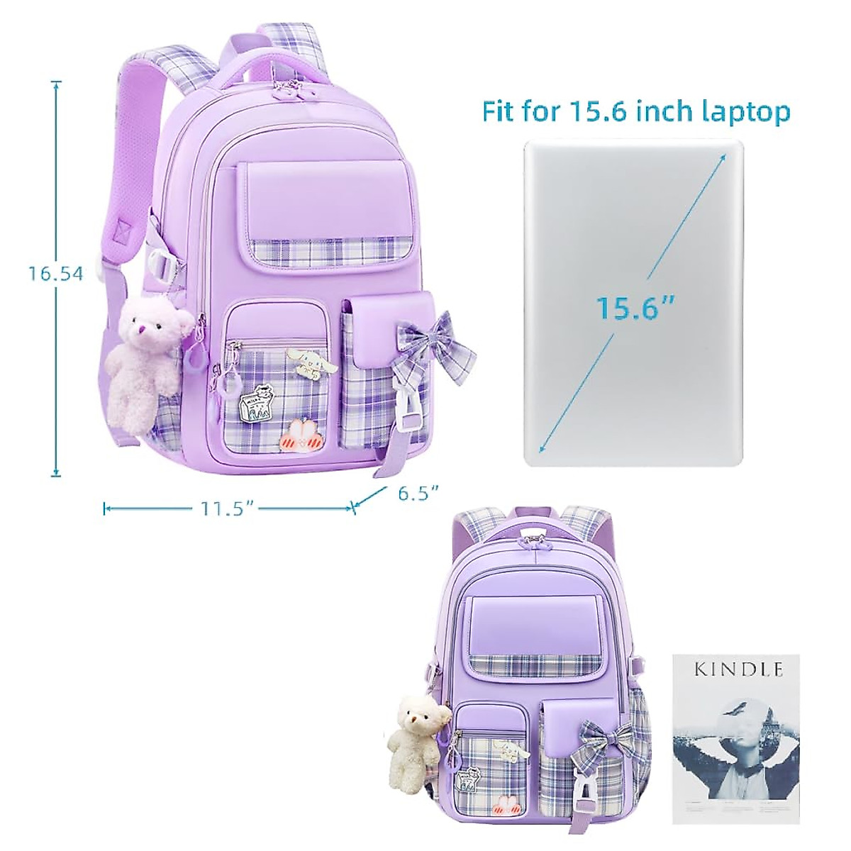 XINWLL Backpack for Girls, 15.6 Inch Laptop School Bag Kids Kindergarten Elementary College Backpacks Large Bookbags for Teen Girls Women Students Casual Travel Daypacks