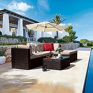 Rankok 5 Pieces Patio Furniture Sectional Outdoor PE Rattan Wicker Lawn Conversation Cushioned Garden Sofa Set (Beige) …