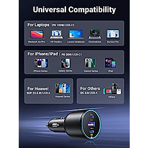 UGREEN 130W USB C Car Charger, PD 100W +PD 30W Type C Car Charger Adapter, Fast Charging Car Charger Compatible with Cell Phones, iPad, MacBook, and More (Comes with 100W USB C to USB C Cable)