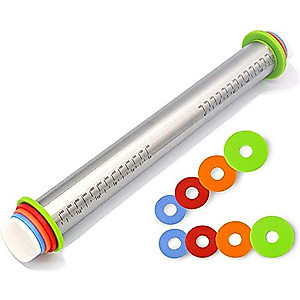 NASNAIOLL Adjustable Rolling Pin with Thickness Rings Measurement Pastry for Baking Cookie Dough Pizza Pastry Pie Pasta, French Style Stainless Steel Roller