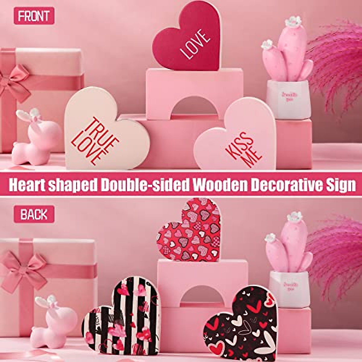 Yulejo 3 Pieces Valentine's Day Wood Sign Heart-Shaped Wood Letter Double-Sided Wooden Heart Decorative Sign Table Centerpiece Decor for Valentine's Day
