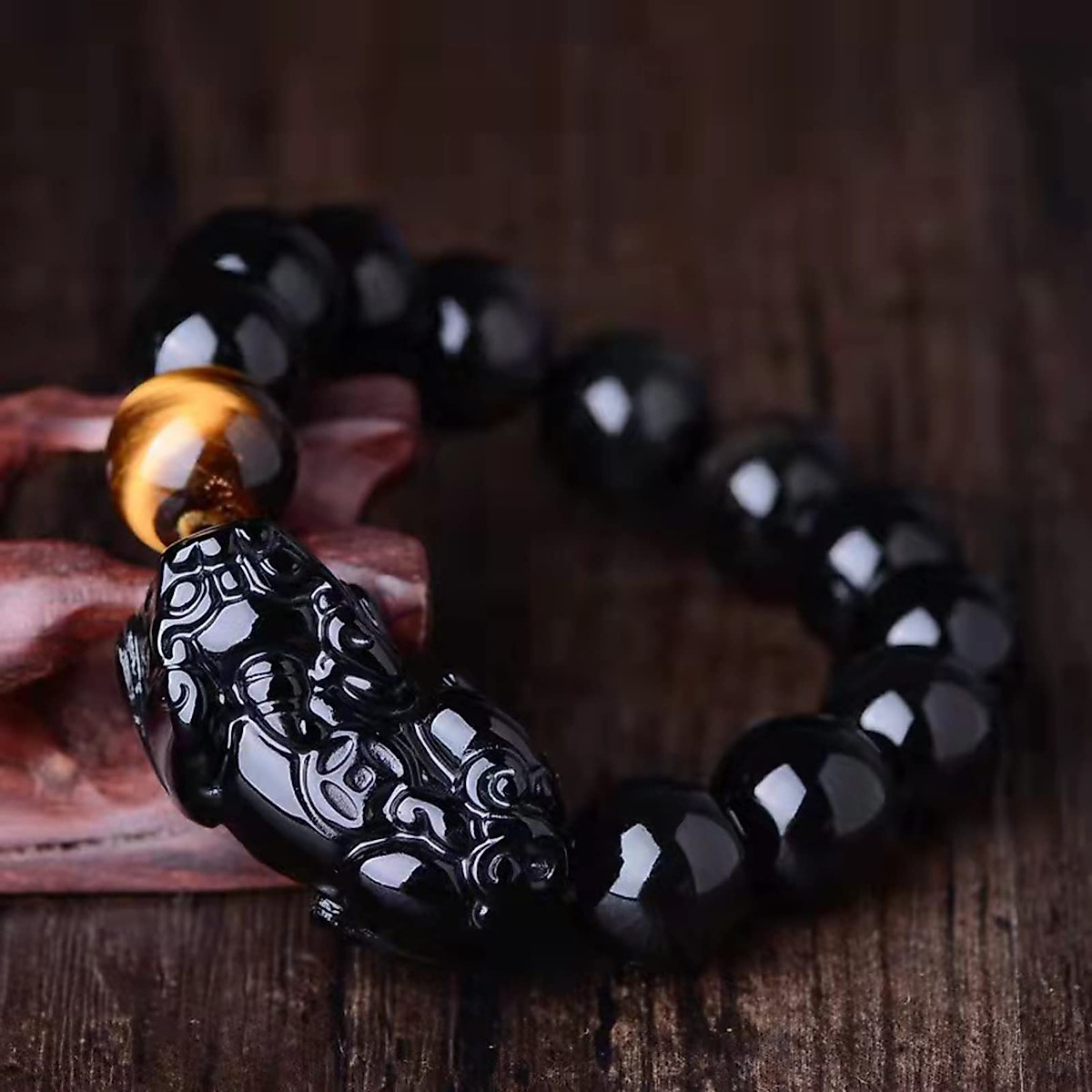 TTXSHYH Black Obsidian Bracelet,Feng Shui Black Obsidian Wealth Bracelet for Women Men Stretch Obsidian Bracelet with Pixiu Tiger Eye Stone Attract Wealth Money and Good Luck
