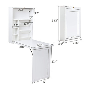 JAXSUNNY Modern Space-Saving Fold Out Compact Wall Mounted Desk Floating Wood Folding Desk Cabinet Writing Desk for Home Office with Multiple Storage Compartments Storage, Laptop Tabletop, White