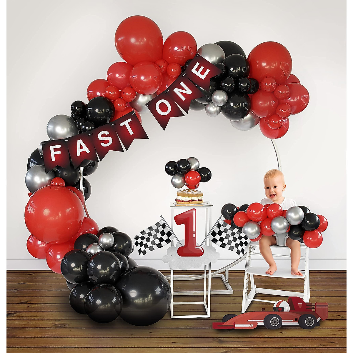 HAPPY - Red Black Silver Balloon Garland Arch Kit - 164 Professional Quality Latex Balloons in 4 Sizes for 30% Fuller 16ft Garland Arch - Graduation, 1st Birthday, Casino, Cars, Lady Bug, Too Fast…