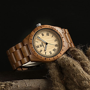LeeEv Mens Light Weight Unique Wood Watch, Uwood Series Handmade Sandalwood Analog Quartz Vintage Roman Number Natural Wooden Wristwatch