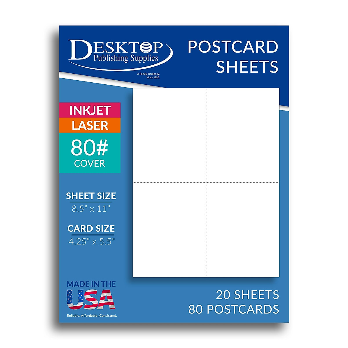 Heavyweight Blank Postcard Paper for Printing - 20 Sheets / 80 Postcards - White - Perforated 4 per sheet - Thick 80lb Cover Cardstock - Inkjet/Laser Printable