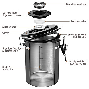 Veken Coffee Canister, Airtight Stainless Steel Kitchen Food Storage Container with Date Tracker and Scoop for Grounds Coffee, Beans, Tea, Flour, Cereal, Sugar, 22OZ, Gray