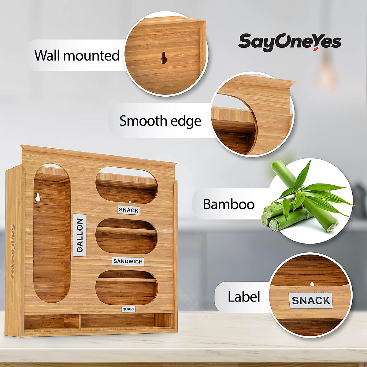 Sayoneyes Ziplock Bag Organizer for Drawer - Premium Bamboo Plastic Bag Storage Organizer for Kitchen – Compatible with Ziploc, Glad, Hefty, Solimo for Gallon, Quart, Sandwich & Variety Size Bags