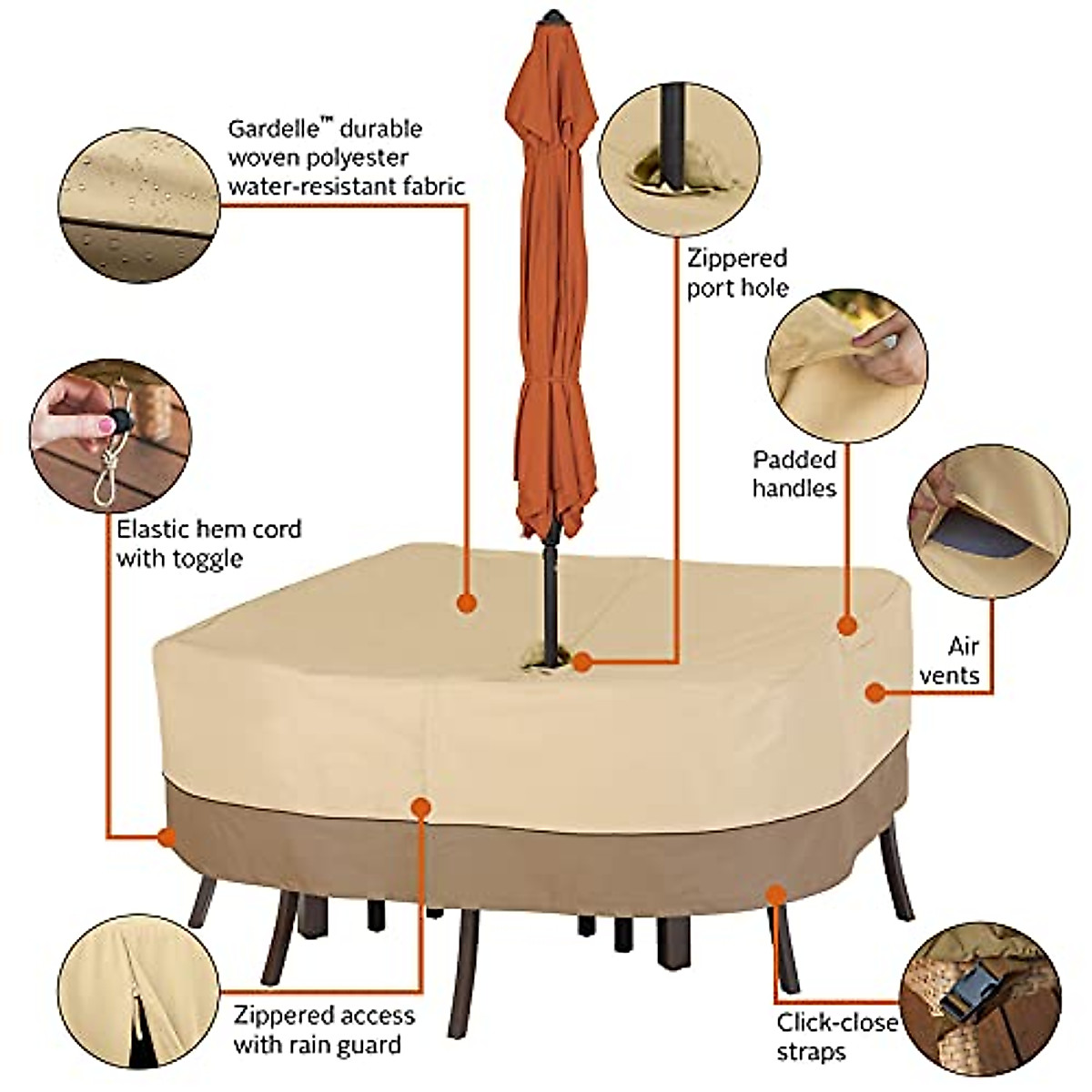 Classic Accessories Veranda Water-Resistant 66 Inch Square Patio Table & Chair Set Cover with Umbrella Hole, Outdoor Table Cover, Pebble